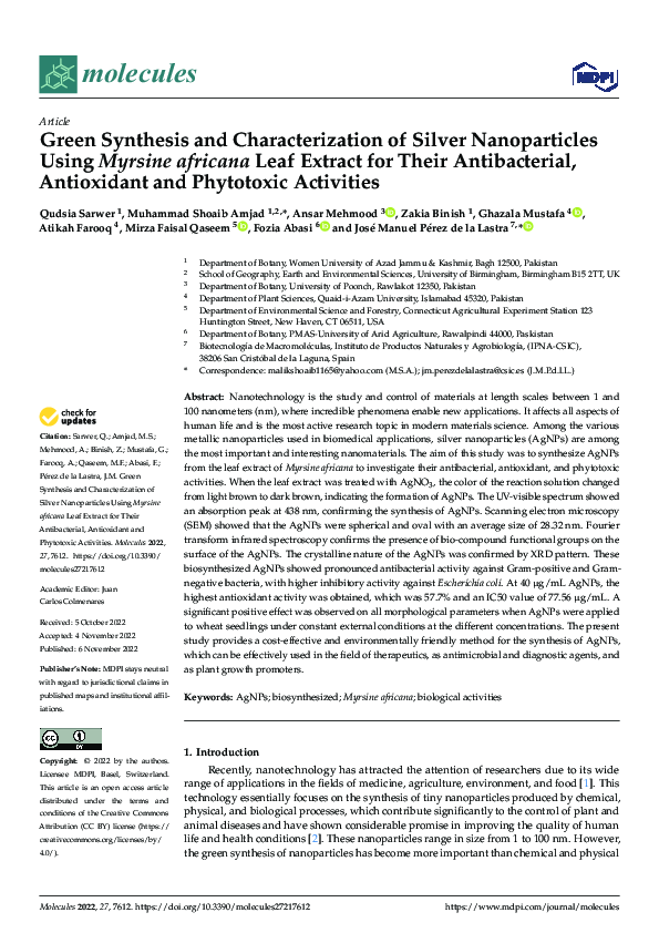 (PDF) Green Synthesis and Characterization of Silver Nanoparticles Using Myrsine africana Leaf ...