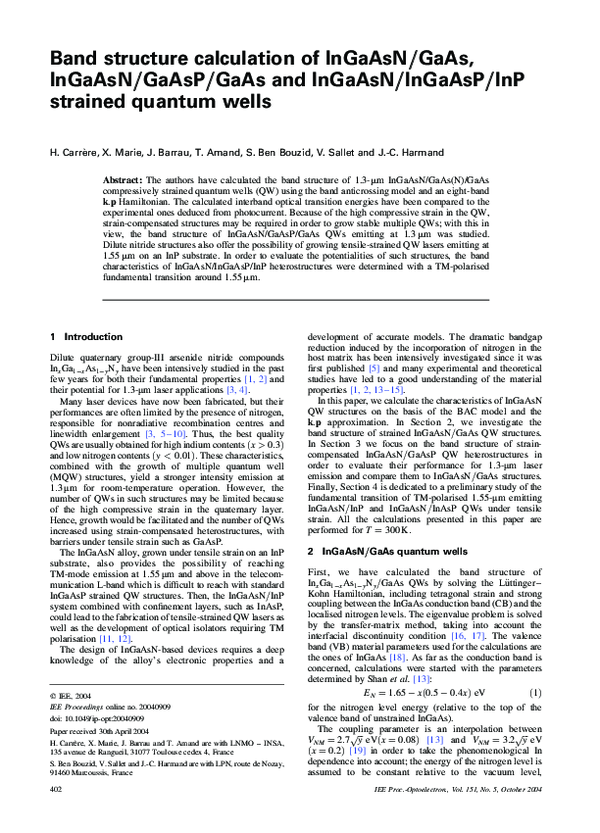 (PDF) Band structure calculation of InGaAsN//GaAs, InGaAsN//GaAsP//GaAs ...