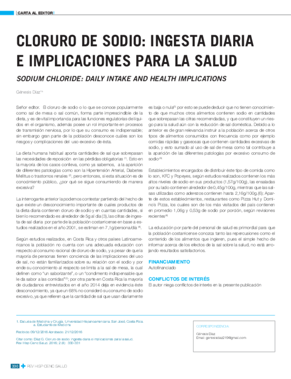 (PDF) Cloruro de sodio: ingesta diaria e implicaciones para la salud