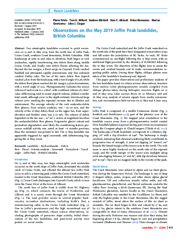 (PDF) Observations on the May 2019 Joffre Peak landslides, British Columbia