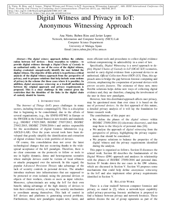 (PDF) Digital Witness and Privacy in IoT: Anonymous Witnessing Approach ...