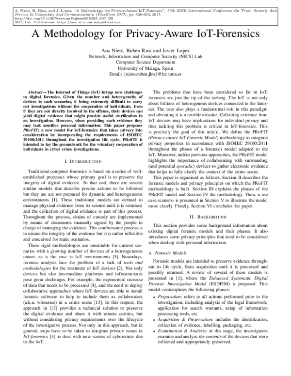 Pdf A Methodology For Privacy Aware Iot Forensics Ruben Rios 