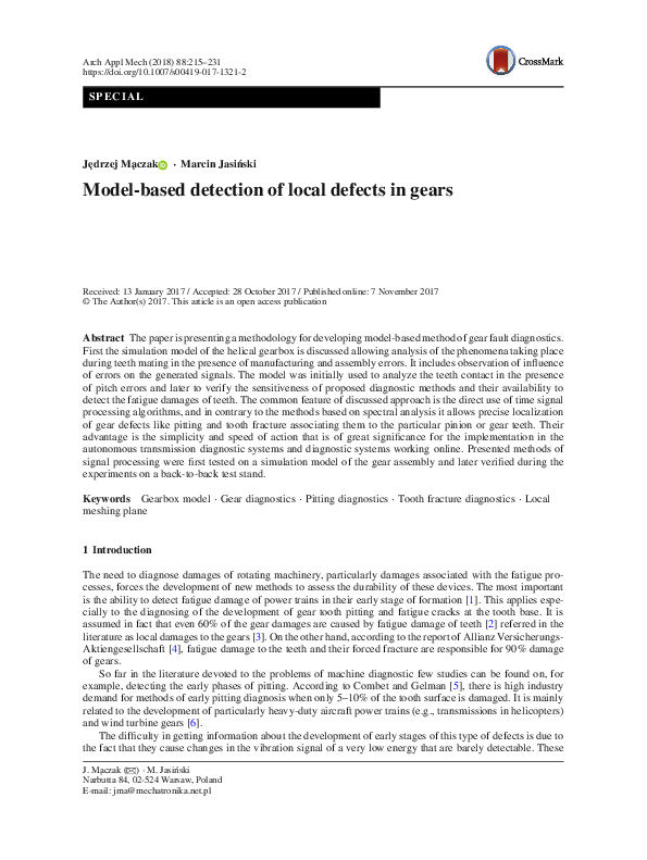 Pdf Model Based Detection Of Local Defects In Gears