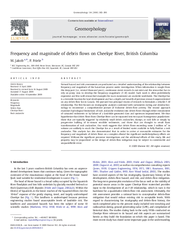 (PDF) Frequency and magnitude of debris flows on Cheekye River, British ...