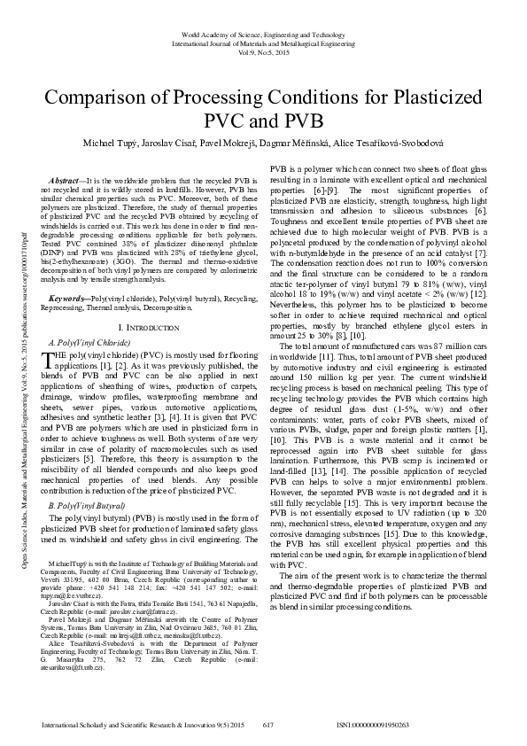 (PDF) Comparison of Processing Conditions for Plasticized PVC and PVB