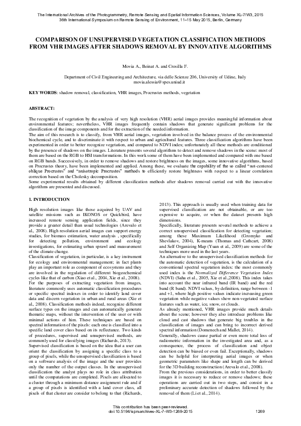 (PDF) Comparison of Unsupervised Vegetation Classification Methods from VHR Images After Shadows ...