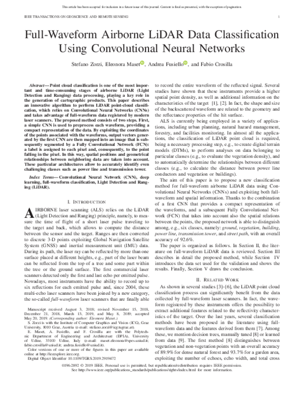 Pdf Full Waveform Airborne Lidar Data Classification Using Convolutional Neural Networks