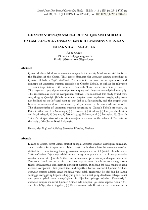 (PDF) Ummatan Wasaṭan Menurut M. Quraish Shihab Dalam Tafsir Al-Misbah Dan Relevansinya Dengan ...