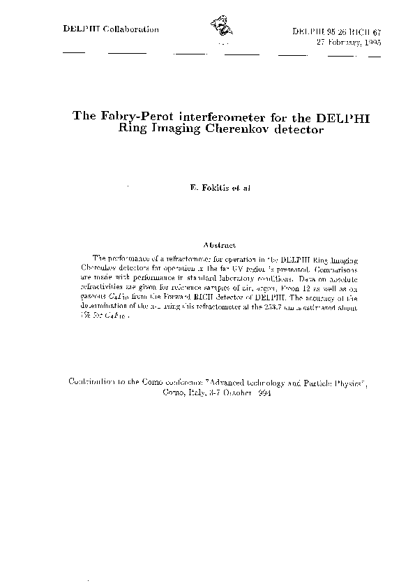 (PDF) The Fabry-Perot Interferometer for the DELPHI Ring Imaging Cherenkov Detector ...