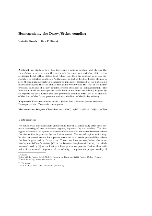 (PDF) Homogenizing the Darcy/Stokes coupling