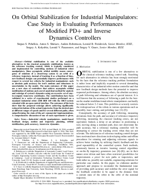(PDF) On Orbital Stabilization for Industrial Manipulators: Case Study in Evaluating ...