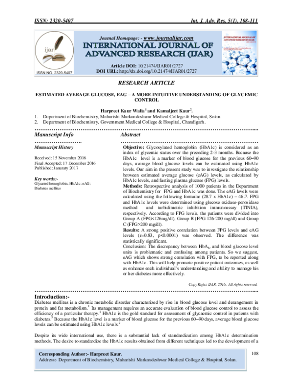(PDF) Estimated Average Glucose, Eag – a More Intuitive Understanding of Glycemic Control