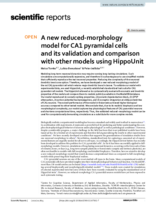 (PDF) A new reduced-morphology model for CA1 pyramidal cells and its validation and comparison ...