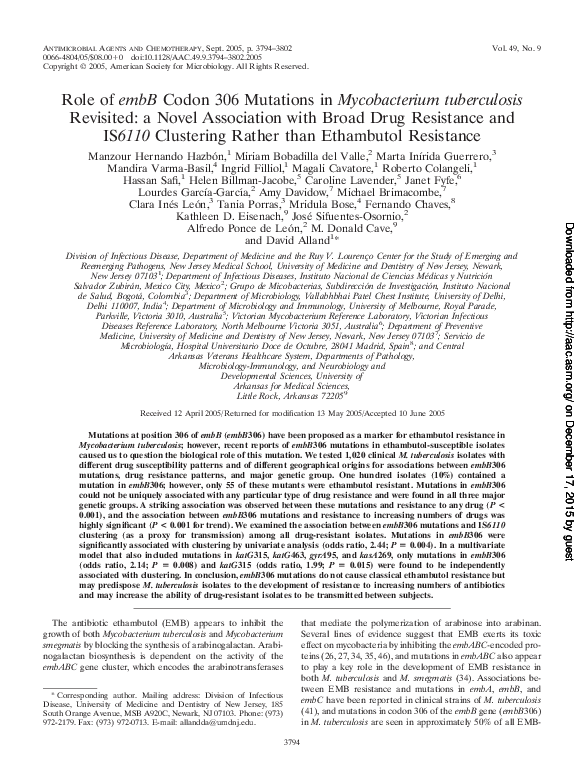 (PDF) Role of embB Codon 306 Mutations in Mycobacterium tuberculosis ...