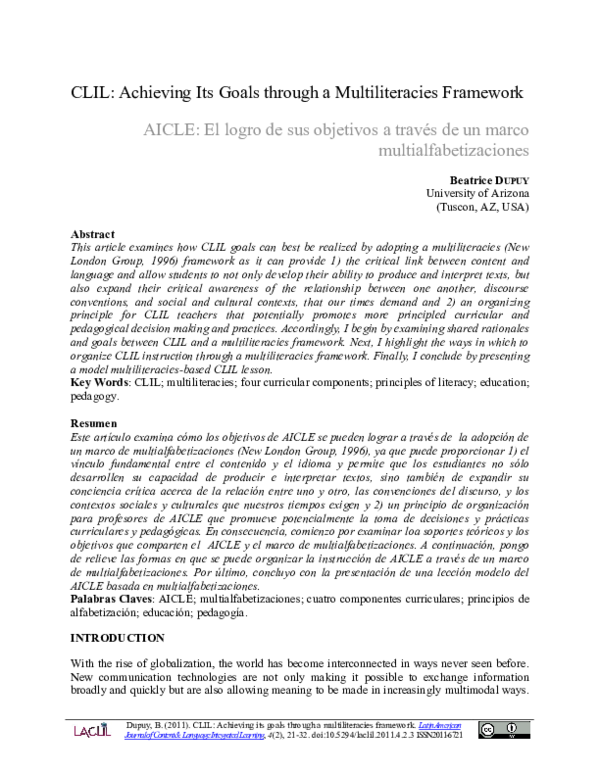 (PDF) CLIL: Achieving its goals through a multiliteracies framework