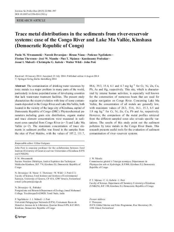 (PDF) Trace metal distributions in the sediments from river-reservoir systems: case of the Congo ...