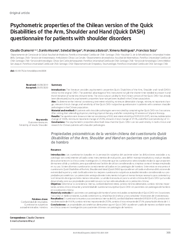 Pdf Psychometric Properties Of The Chilean Version Of The Quick Disabilities Of The Arm