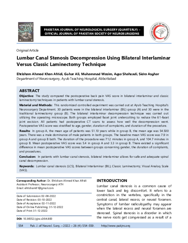 (PDF) Lumbar Canal Stenosis Decompression Using Bilateral Interlaminar ...