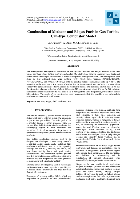(PDF) Combustion of Methane and Biogas Fuels in Gas Turbine Can-type ...