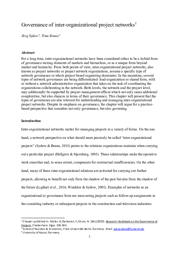 (PDF) Governance of inter-organizational project networks