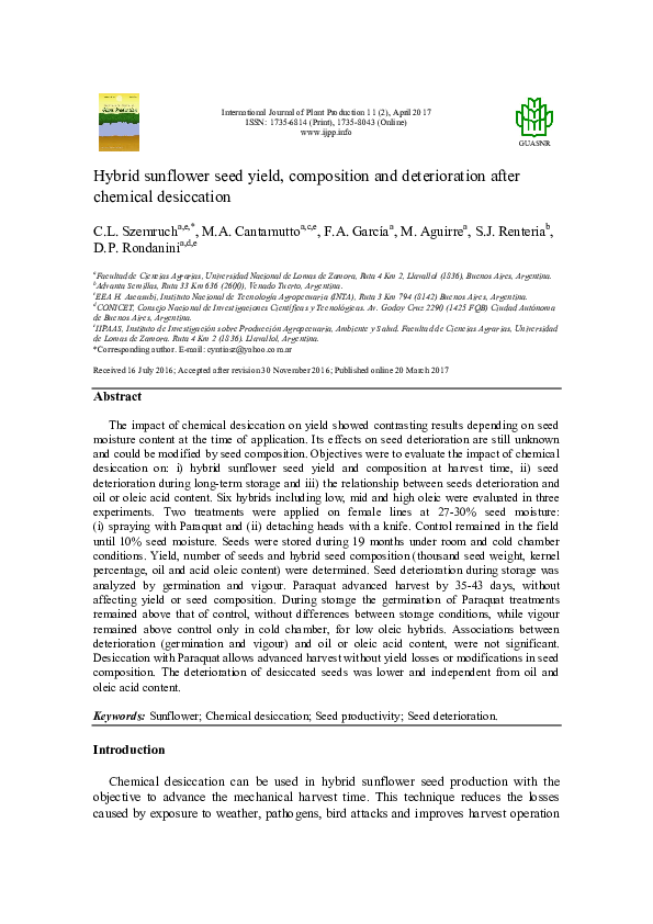(PDF) Hybrid sunflower seed yield, composition and deterioration after ...