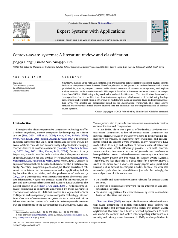 (PDF) Context-aware systems: A literature review and classification
