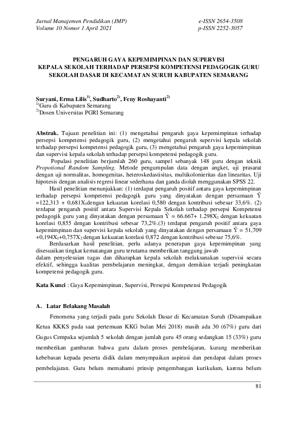 (PDF) Pengaruh Gaya Kepemimpinan Dan Supervisi Kepala Sekolah Terhadap Persepsi Kompetensi ...