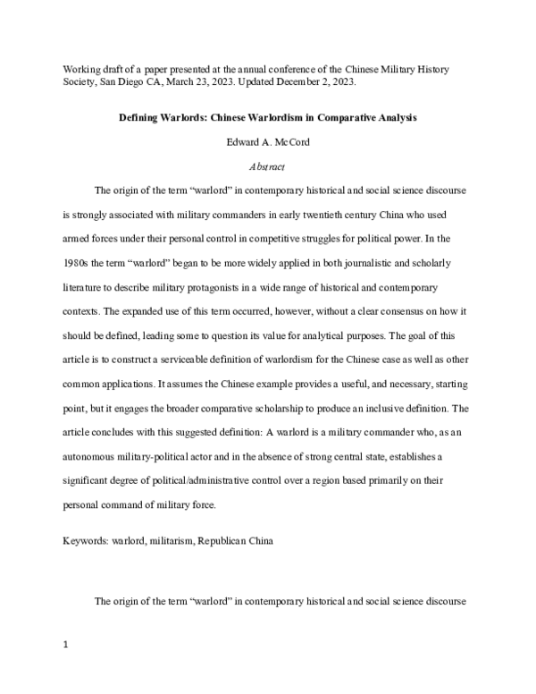 (DOC) Defining Warlords: Chinese Warlordism in Comparative Analysis
