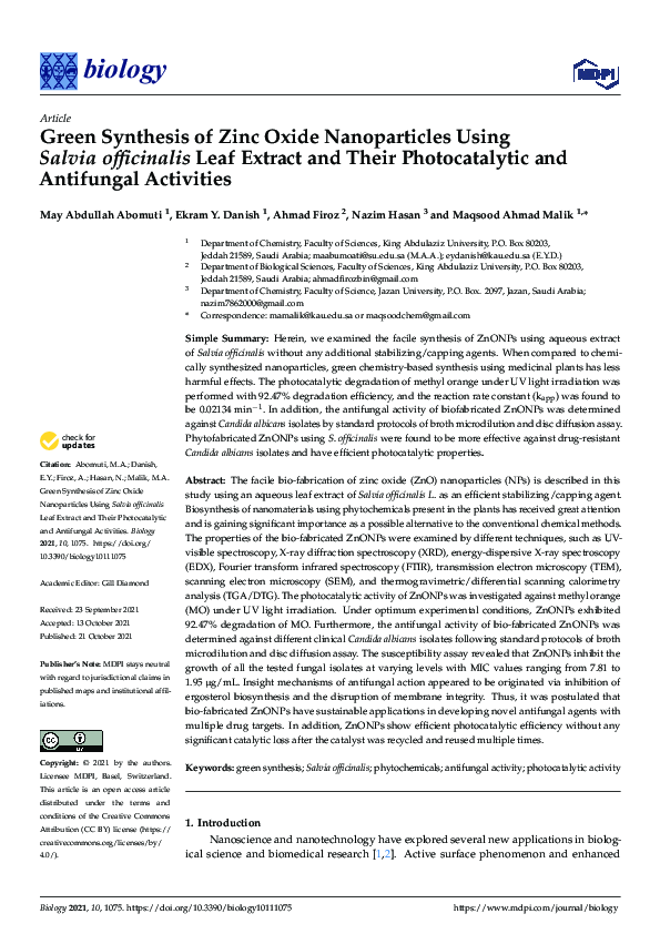 (PDF) Green Synthesis of Zinc Oxide Nanoparticles Using Salvia officinalis Leaf Extract and ...