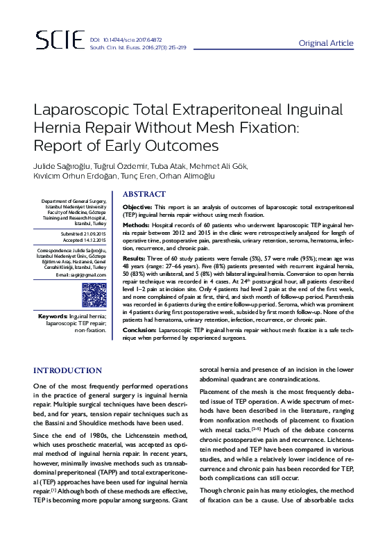 (PDF) Laparoscopic Total Extraperitoneal Inguinal Hernia Repair Without ...