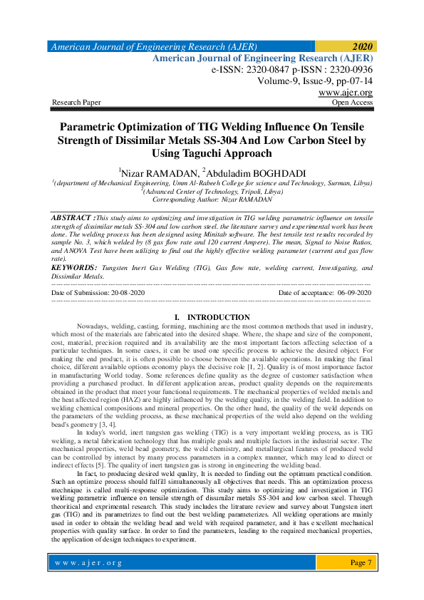 (PDF) Parametric Optimization of TIG Welding Influence On Tensile Strength of Dissimilar Metals ...