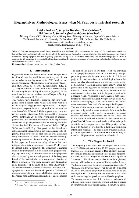(PDF) BiographyNet: Methodological issues when NLP supports historical research