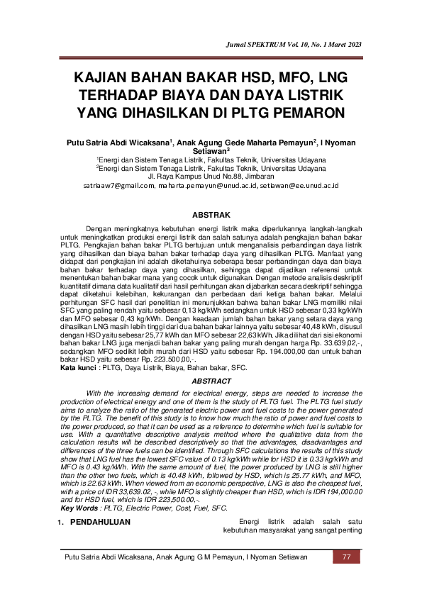 (PDF) Kajian Bahan Bakar HSD, Mfo, LNG Terhadap Biaya Dan Daya Listrik ...