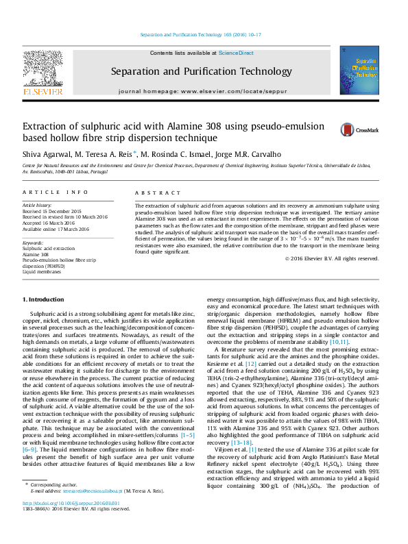 (PDF) Extraction of sulphuric acid with Alamine 308 using pseudo ...