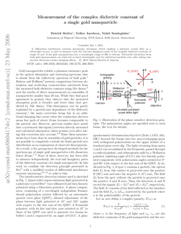 (PDF) Measurement of the complex dielectric constant of a single gold nanoparticle