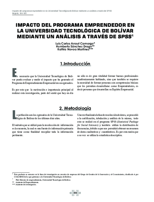 (PDF) Impacto del programa emprendedor en la Universidad Tecnológica de Bolívar mediante un ...