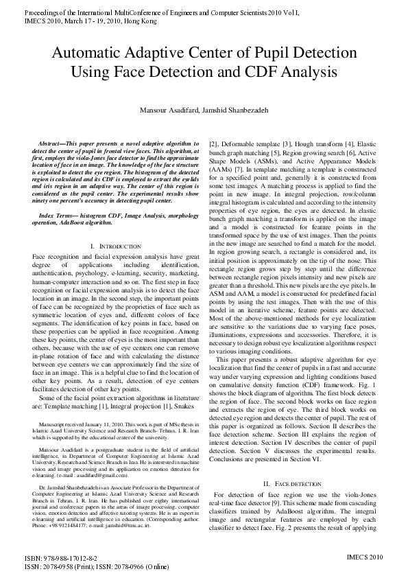 (PDF) Automatic Adaptive Center of Pupil Detection Using Face Detection and CDF Analysis