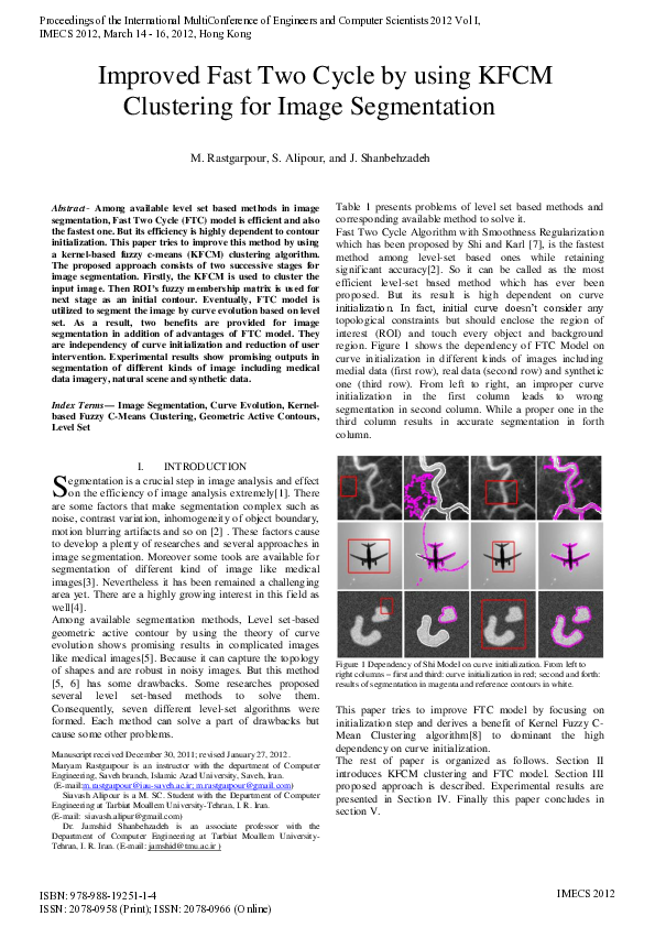 (PDF) Improved Fast Two Cycle by using KFCM Clustering for Image Segmentation