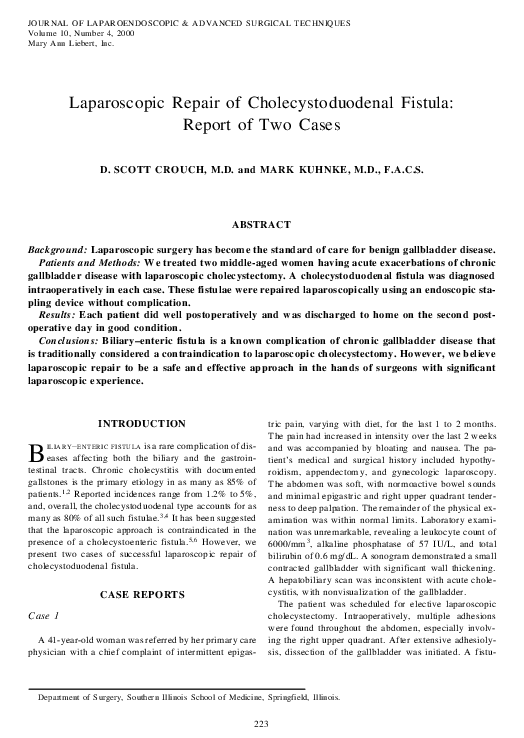 (PDF) [Laparoscopic repair of a cholecystoduodenal fistula--a case report]