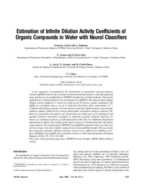 (PDF) Estimation of infinite dilution activity coefficients of organic compounds in water with ...