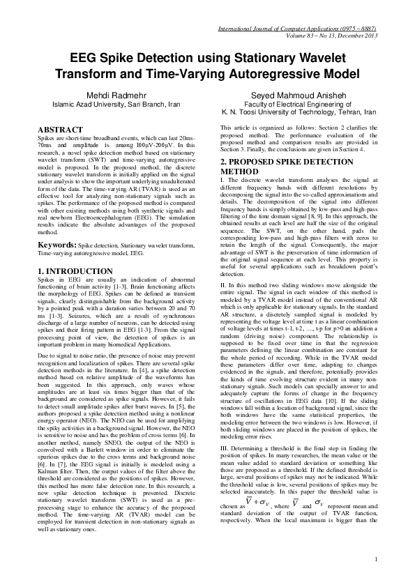 Pdf Eeg Spike Detection Using Stationary Wavelet Transform And Time