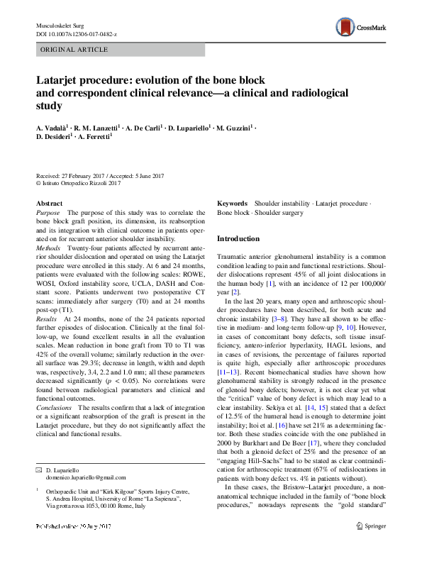 (PDF) Latarjet procedure: evolution of the bone block and correspondent ...
