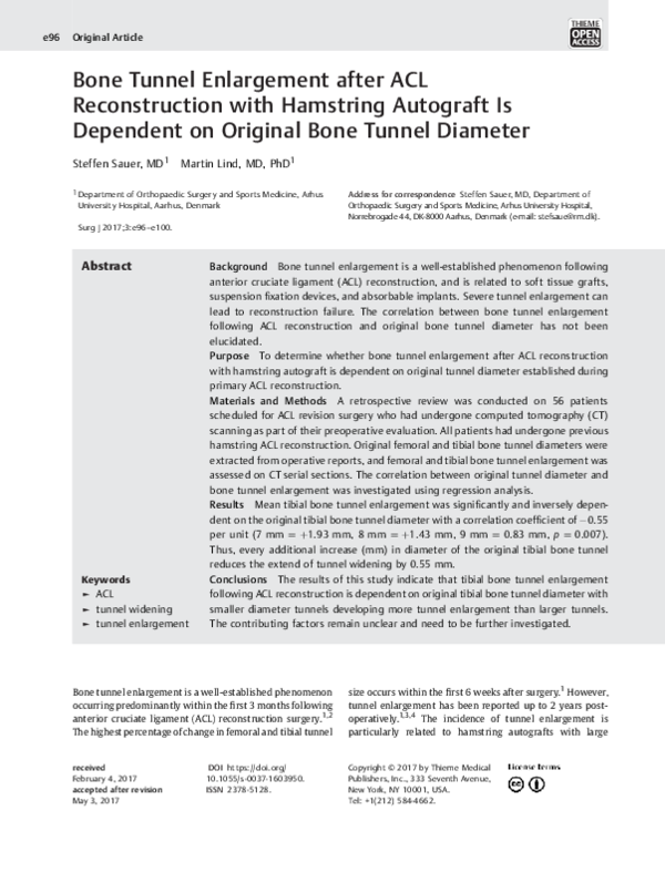 (PDF) Bone tunnel enlargement after ACL reconstruction using autologous hamstring tendons: a CT ...