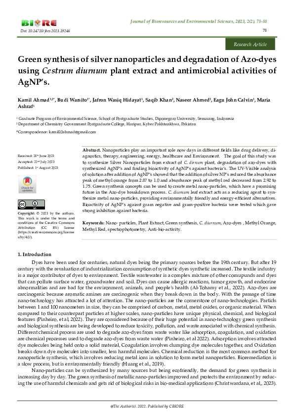 (PDF) Green synthesis of silver nanoparticles and degradation of AZO-dyes using Cestrum diurnum ...
