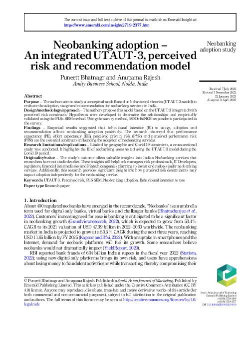(PDF) Neobanking adoption – An integrated UTAUT-3, perceived risk and ...