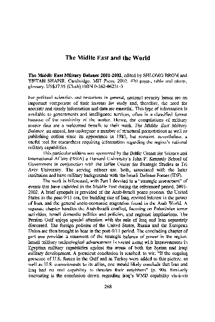 (PDF) The Middle East Military Balance 2001-2002, edited by Shlomo Brom ...