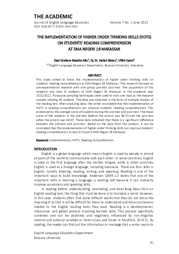 (PDF) The Implementation of Higher Order Thinking Skills (Hots) on ...