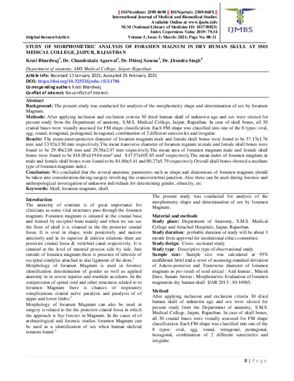 (PDF) Study of Morphometric Analysis of Foramen Magnum in Dry Human ...