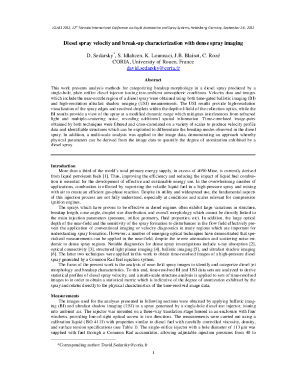 (PDF) Diesel spray velocity and break-up characterization with dense ...