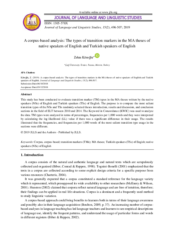(PDF) A corpus-based analysis: The types of transition markers in the MA theses of native ...